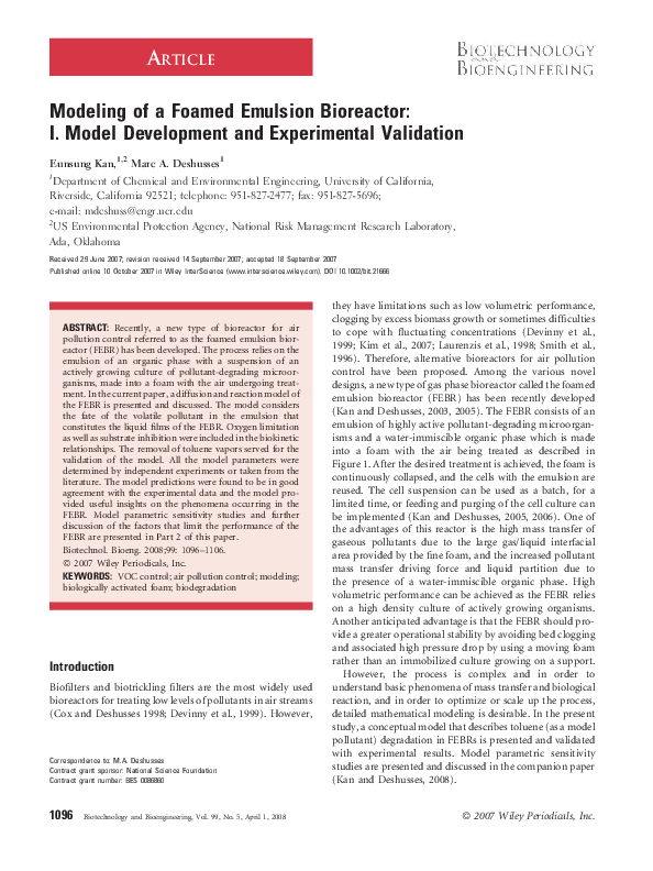 (PDF) Modeling of a foamed emulsion bioreactor: I. Model development and experimental validation