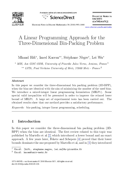 A Linear Programming Approach For The Three Dimensional Bin Packing Problem