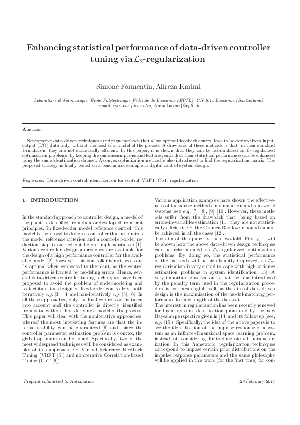 Pdf Enhancing Statistical Performance Of Data Driven Controller Tuning Via Regularization
