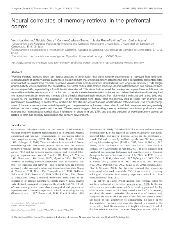Pdf Neural Correlates Of Memory Retrieval In The Prefrontal Cortex