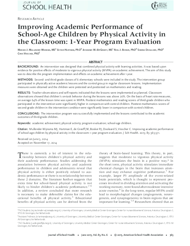 (PDF) Classroom-based physical activity, cognition, and academic achievement | Kate Lambourne ...