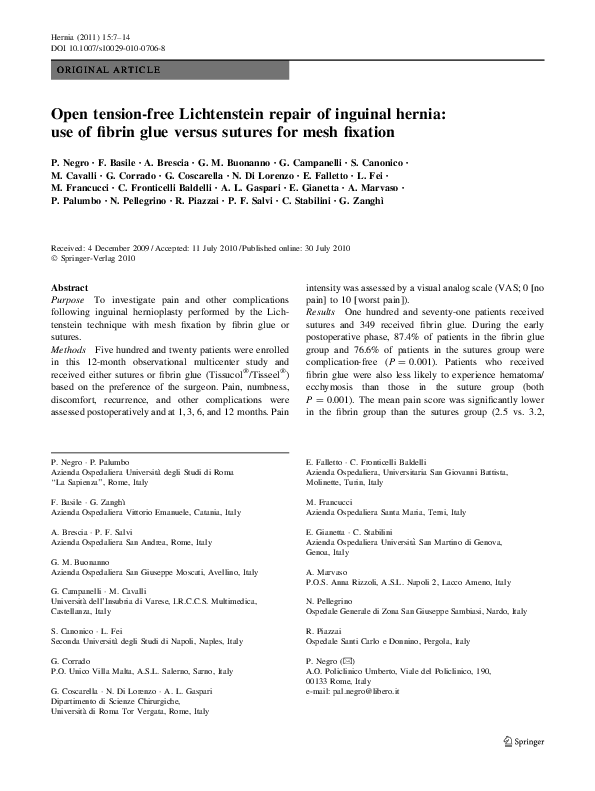 (PDF) Open tension-free Lichtenstein repair of inguinal hernia: use of fibrin glue versus ...