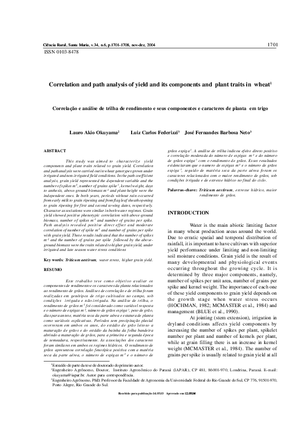 (PDF) Correlation and path analysis of yield and its components and plant traits in wheat