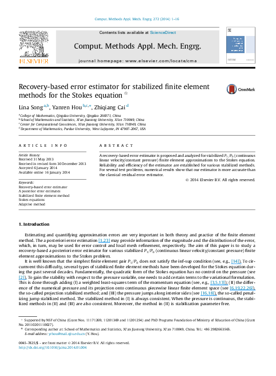 (PDF) Recovery-based error estimator for stabilized finite element methods for the Stokes equation