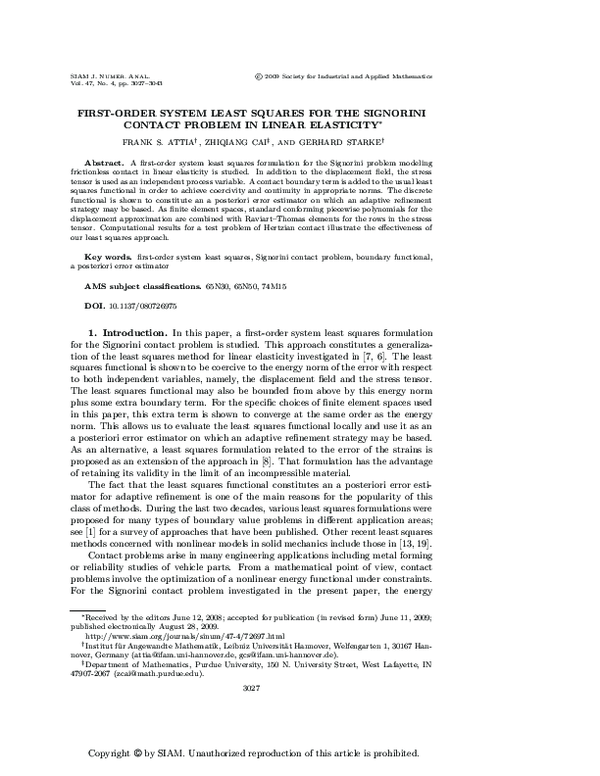 (PDF) First-Order System Least Squares for the Signorini Contact Problem in Linear Elasticity