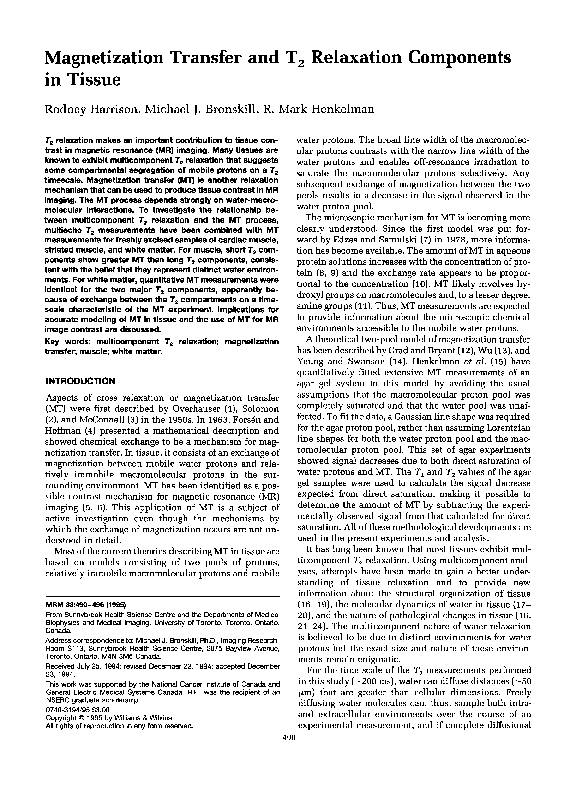 (PDF) Magnetization Transfer and T2 Relaxation Components in Tissue