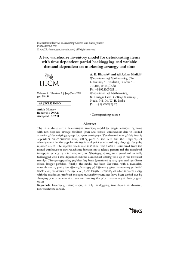 Pdf A Two Warehouse Inventory Model For Deteriorating Items Under Conditionally Permissible