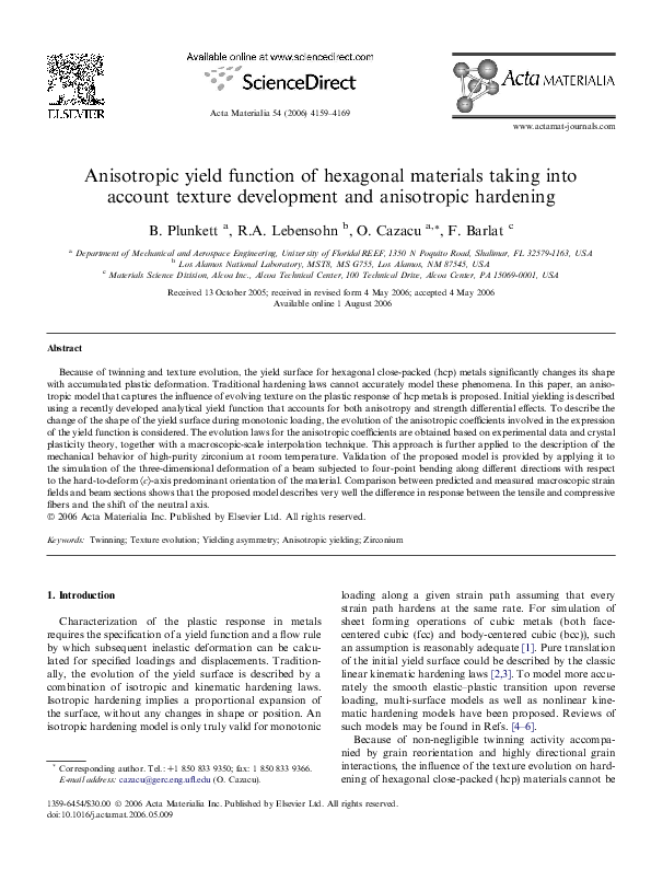 (PDF) Anisotropic yield function of hexagonal materials taking into account texture development ...