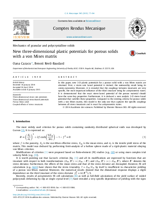 (PDF) New three-dimensional plastic potentials for porous solids with a ...