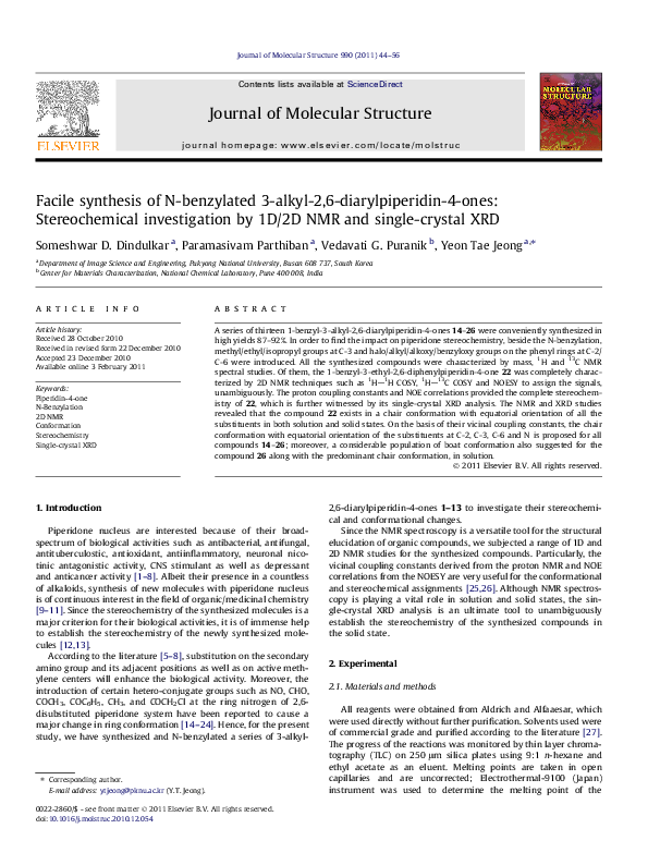 (PDF) Facile synthesis of N-benzylated 3-alkyl-2,6-diarylpiperidin-4-ones: Stereochemical ...