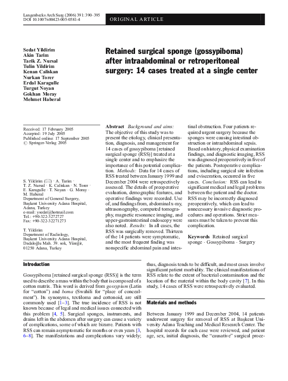 (PDF) Retained surgical sponge (gossypiboma) after intraabdominal or ...