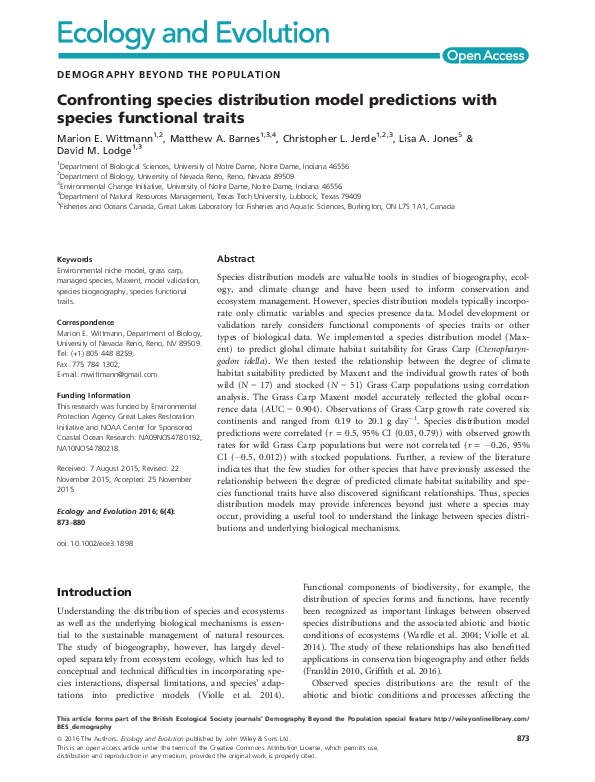 Pdf Confronting Species Distribution Model Predictions With Species Functional Traits 