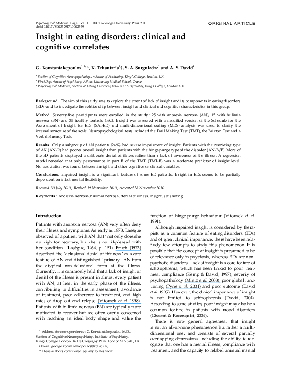 (PDF) Insight in eating disorders: clinical and cognitive correlates