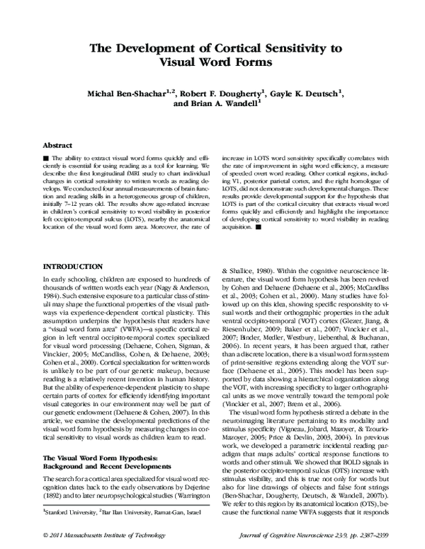 (PDF) The Development of Cortical Sensitivity to Visual Word Forms