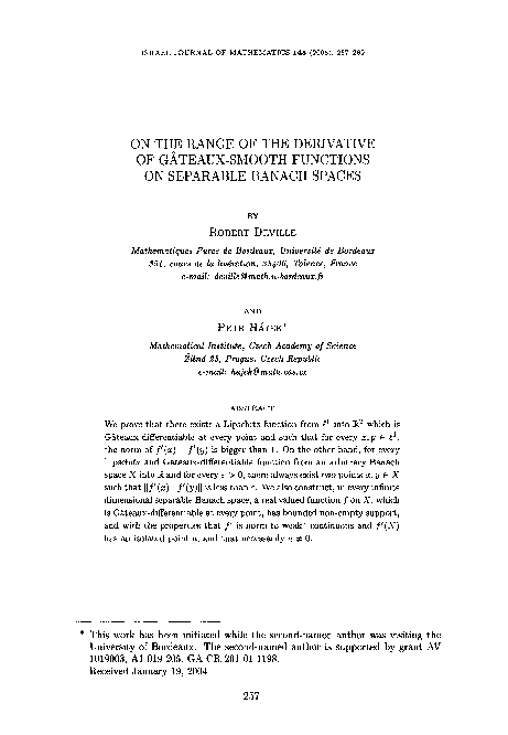 Pdf On The Range Of The Derivative Of Gâteaux Smooth Functions On Separable Banach Spaces