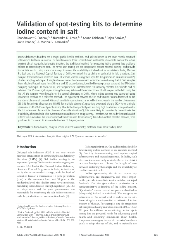 (PDF) Validation of spot-testing kits to determine iodine content in salt