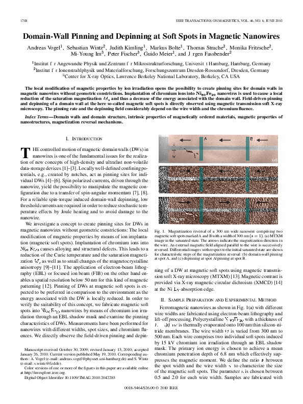 (PDF) Domain-Wall Pinning and Depinning at Soft Spots in Magnetic Nanowires