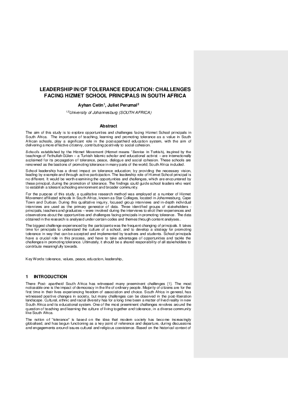 (PDF) LEADERSHIP IN/OF TOLERANCE EDUCATION: CHALLENGES FACING HIZMET ...