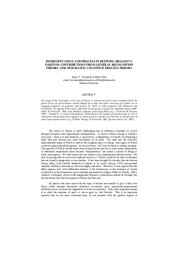 Pdf Representation And Process In Defining Holism Vs Partism Contributions From General