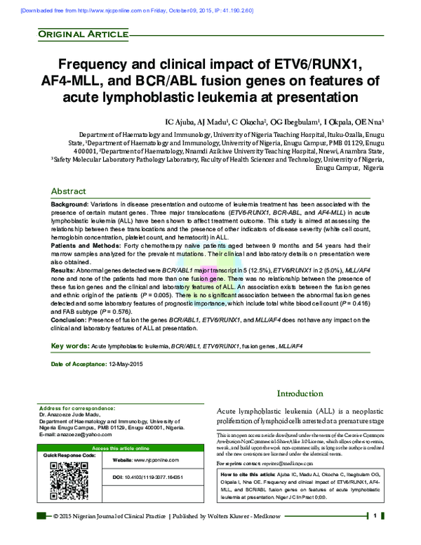 (PDF) Frequency and clinical impact of ETV6/RUNX1, AF4-MLL, and BCR/ABL fusion genes on features ...