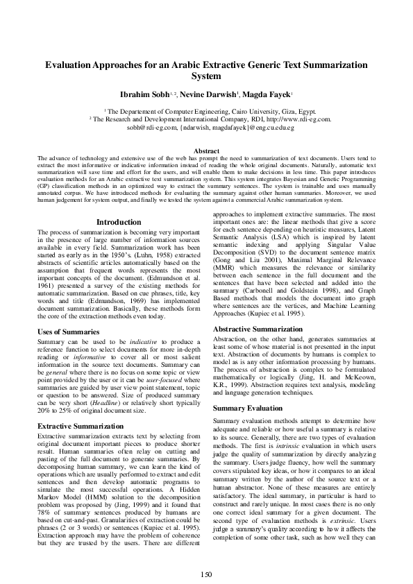 Pdf Evaluation Approaches For An Arabic Extractive Generic Text Summarization System Magda