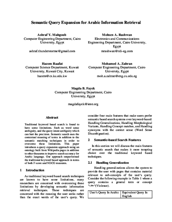 (PDF) Semantic Query Expansion for Arabic Information Retrieval