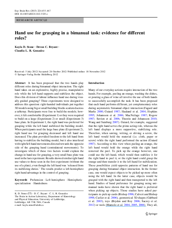 (PDF) Hand use for grasping in a bimanual task: evidence for different ...