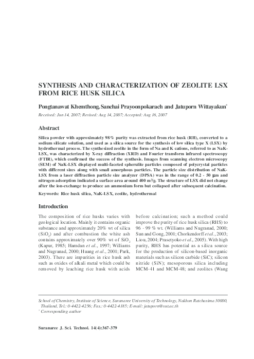 (PDF) Synthesis and characterization of zeolite NaY from rice husk silica (PDF) Synthesis and characterization of zeolite NaY from rice husk silica