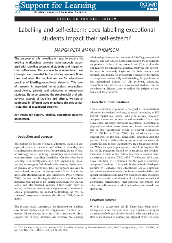 (PDF) Labelling and self-esteem: does labelling exceptional students ...