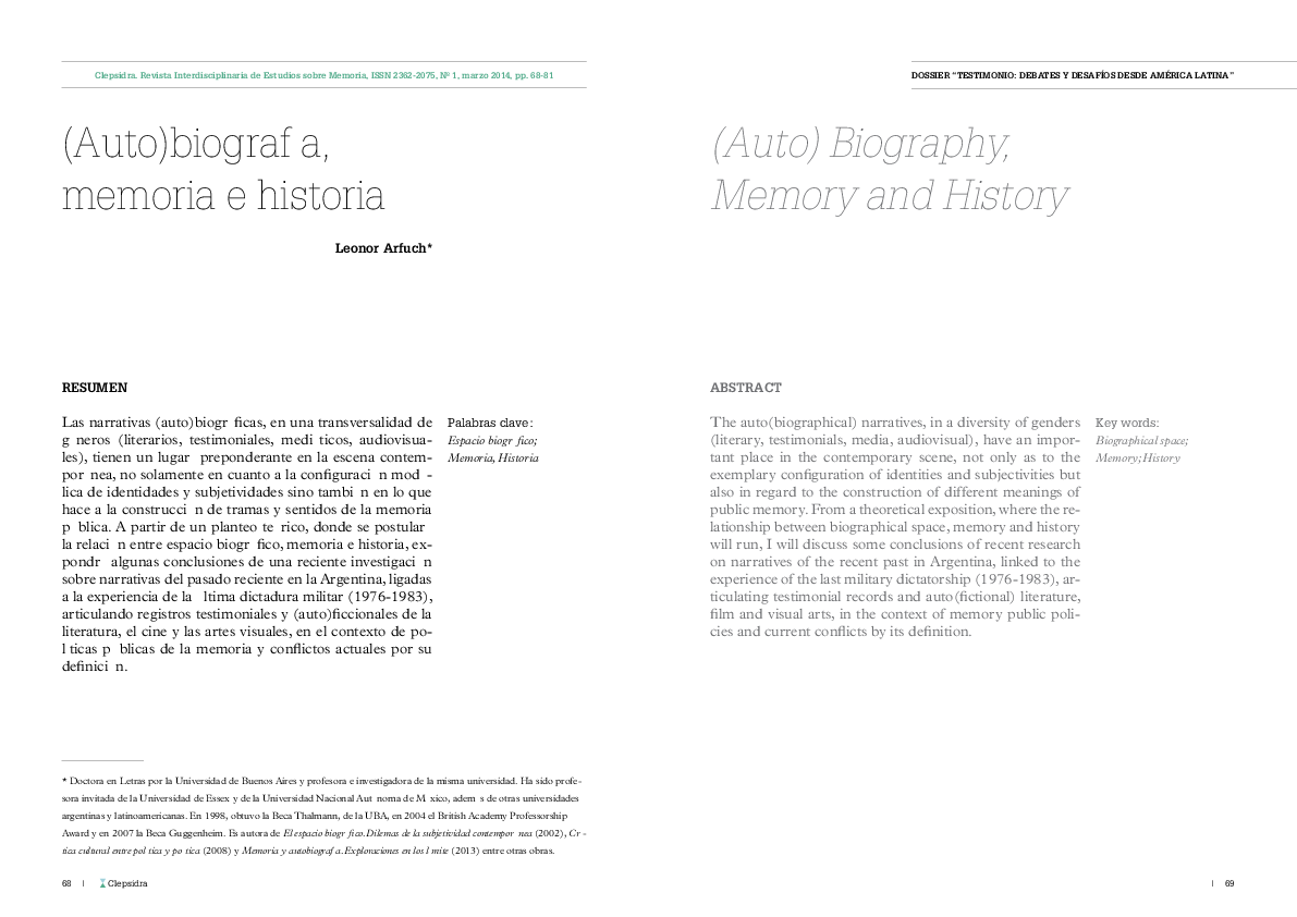 (PDF) (Auto) biografia, memoria e historia/(Auto) Biography, Memory and ...