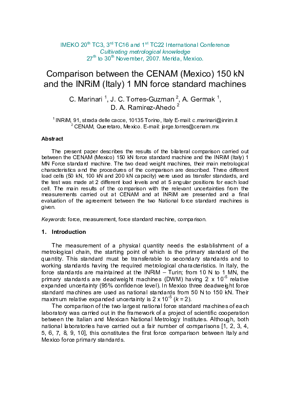(PDF) Comparison between the CENAM (Mexico) 150 kN and the INRIM (Italy ...