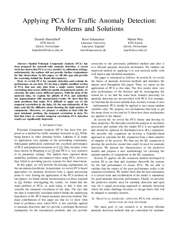 Pdf Applying Pca For Traffic Anomaly Detection Problems And Solutions