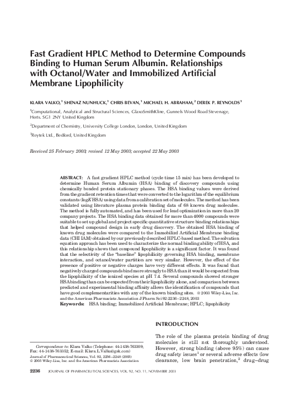 Pdf Fast Gradient Hplc Method To Determine Compounds Binding To Human