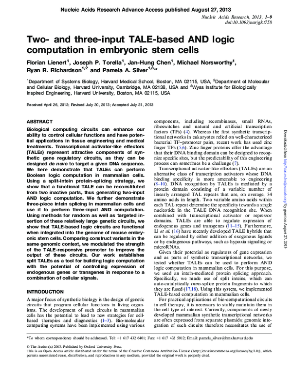 (PDF) Two-and three-input TALE-based AND logic computation in embryonic ...