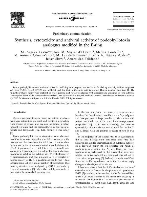 (PDF) Synthesis, cytotoxicity and antiviral activity of podophyllotoxin analogues modified in ...