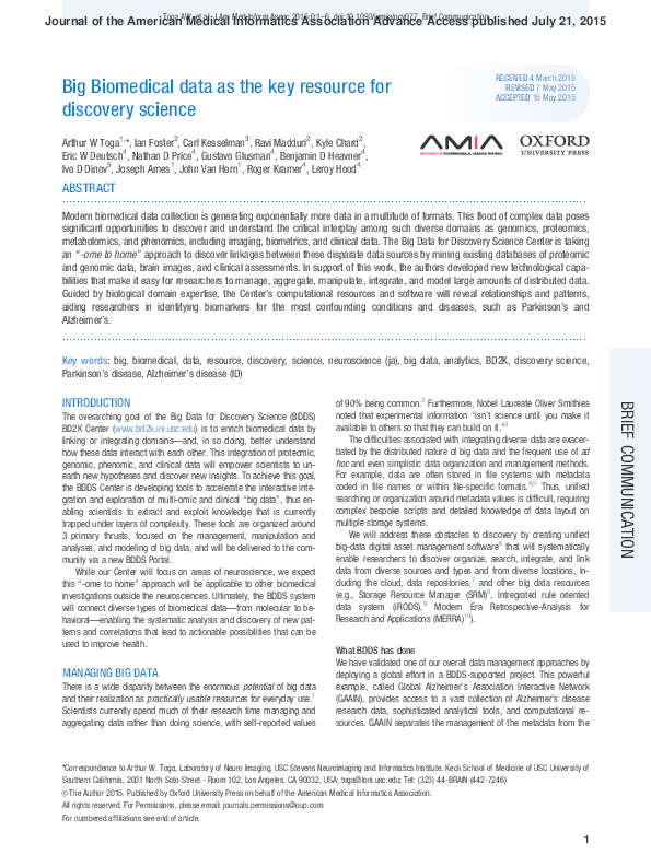 (PDF) Big Biomedical data as the key resource for discovery science
