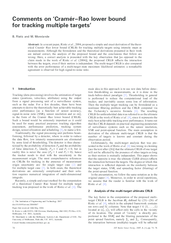 (PDF) Comments on 'Cramer-Rao lower bound for tracking multiple targets