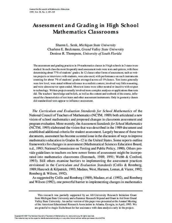 (PDF) Assessment and Grading in High School Mathematics Classrooms