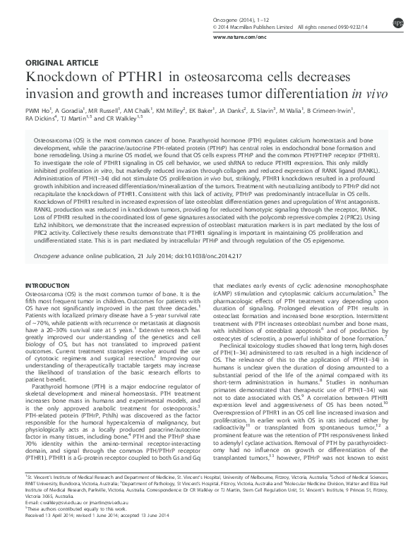 (PDF) Knockdown of PTHR1 in osteosarcoma cells decreases invasion and ...