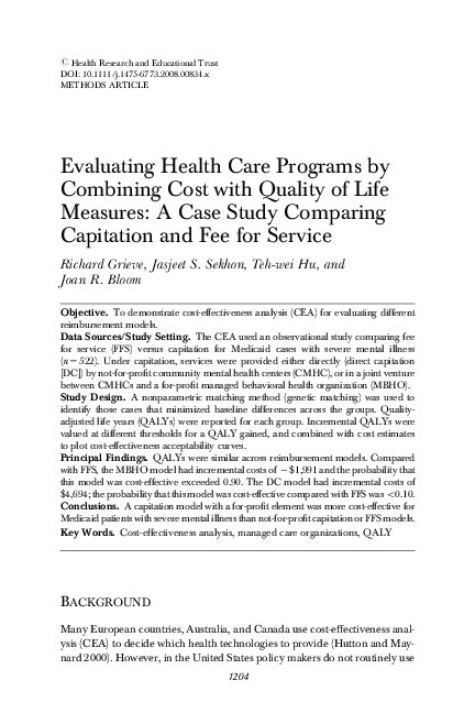 (PDF) Evaluating Health Care Programs by Combining Cost with Quality of ...