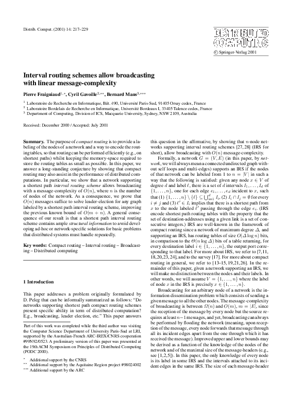 (PDF) Interval routing schemes allow broadcasting with linear message-complexity