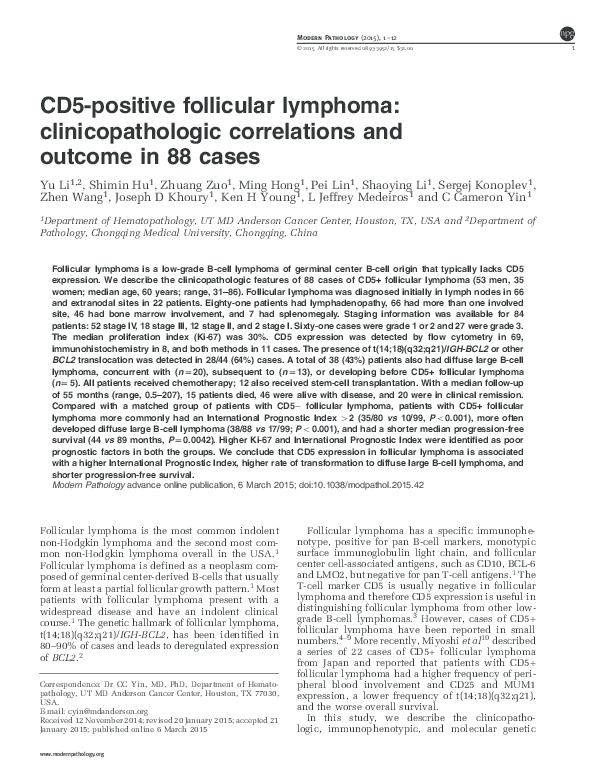 (PDF) CD5-positive follicular lymphoma: clinicopathologic correlations ...