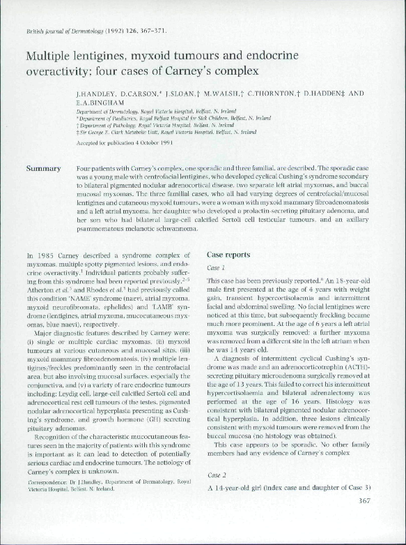 (PDF) Multiple lentigines, myxoid tumours and endocrine overactivity ...