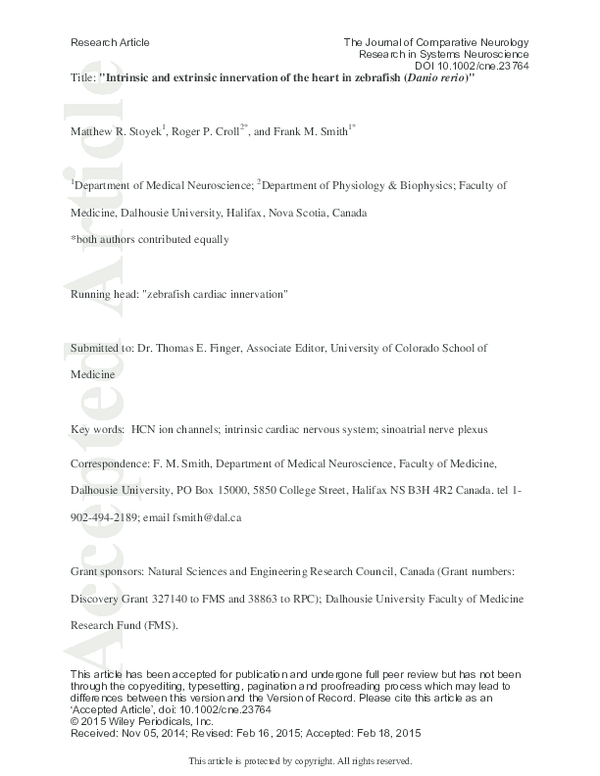 (PDF) Intrinsic and extrinsic innervation of the heart in zebrafish ...