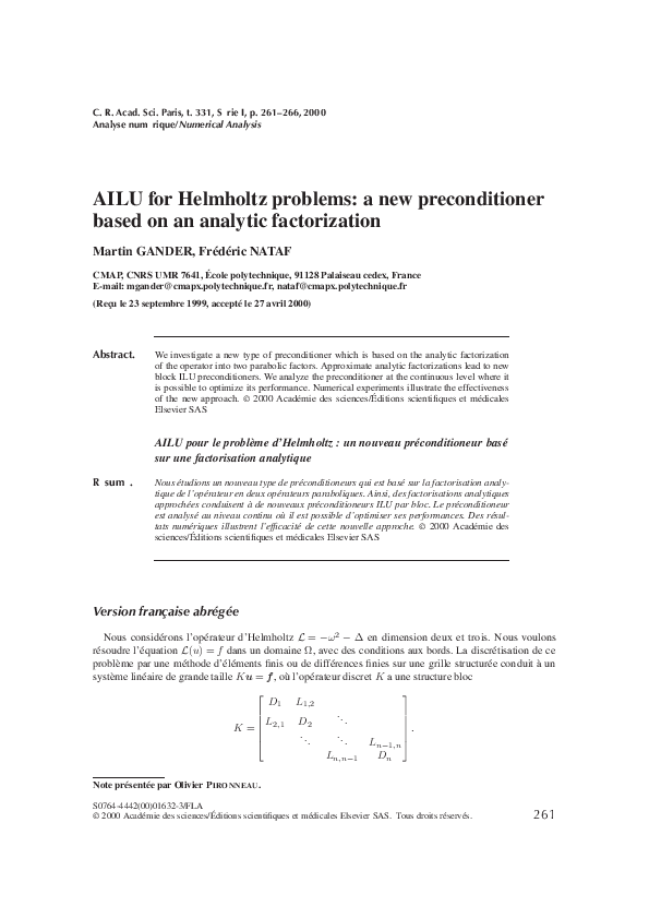 (PDF) AILU for Helmholtz problems: a new preconditioner based on an analytic factorization ...