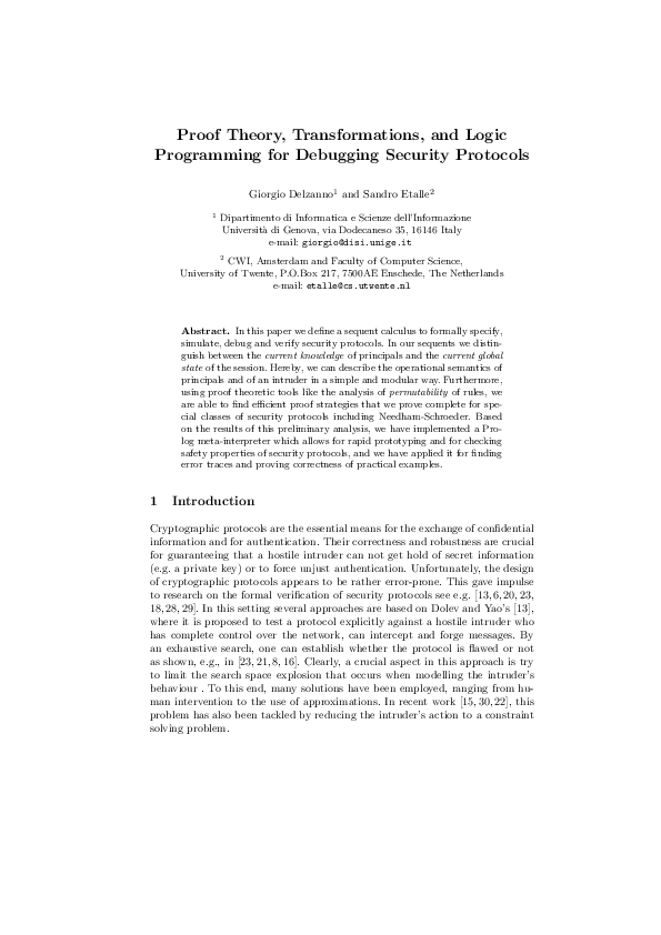 (PDF) Proof Theory, Transformations, and Logic Programming for Debugging Security Protocols