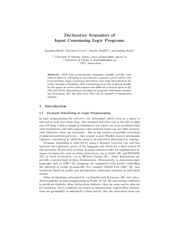 (PDF) Declarative Semantics of Input Consuming Logic Programs