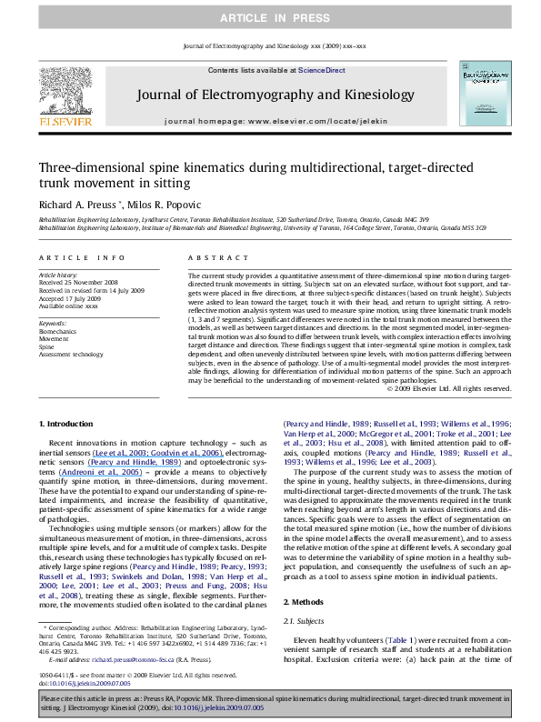 Pdf Three Dimensional Spine Kinematics During Multidirectional Target Directed Trunk Movement