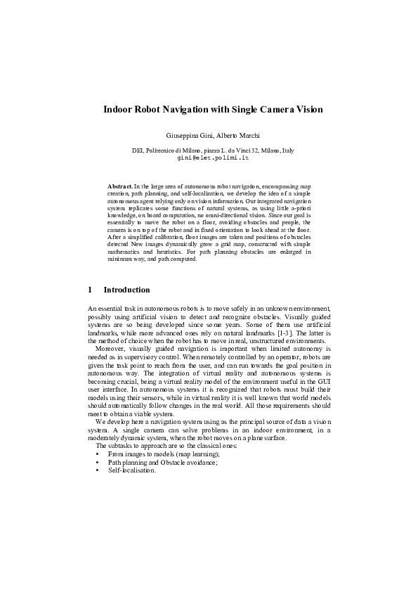 Pdf Vision Based Navigation For Indoor Robots Using Single Camera