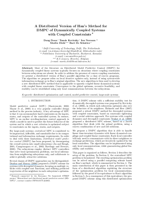 (PDF) A distributed version of Han’s method for DMPC of dynamically coupled systems with coupled ...